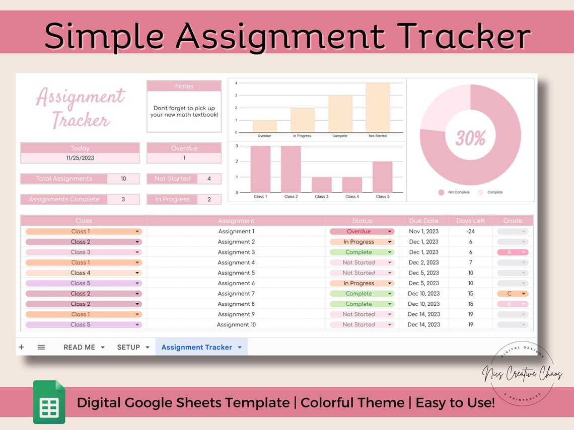 Google Sheets Assignment Tracker Spreadsheet Template, College ...