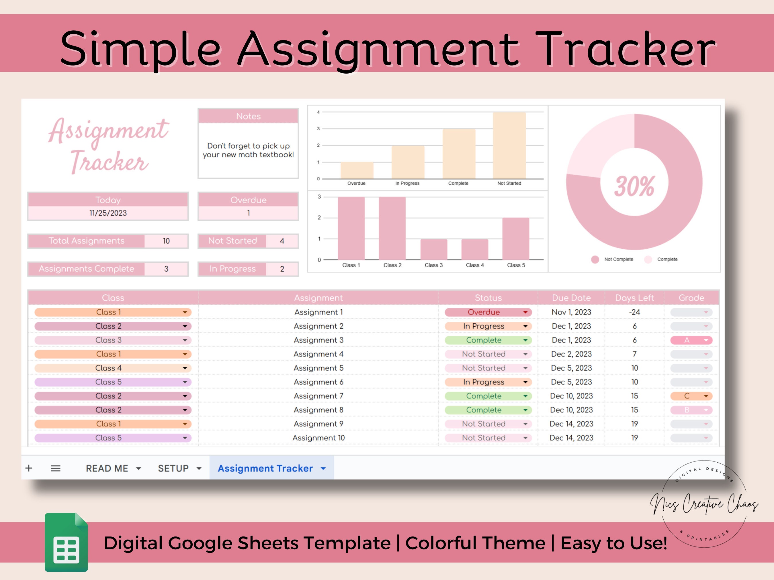 Google Sheets Assignment Tracker Spreadsheet Template, College ...