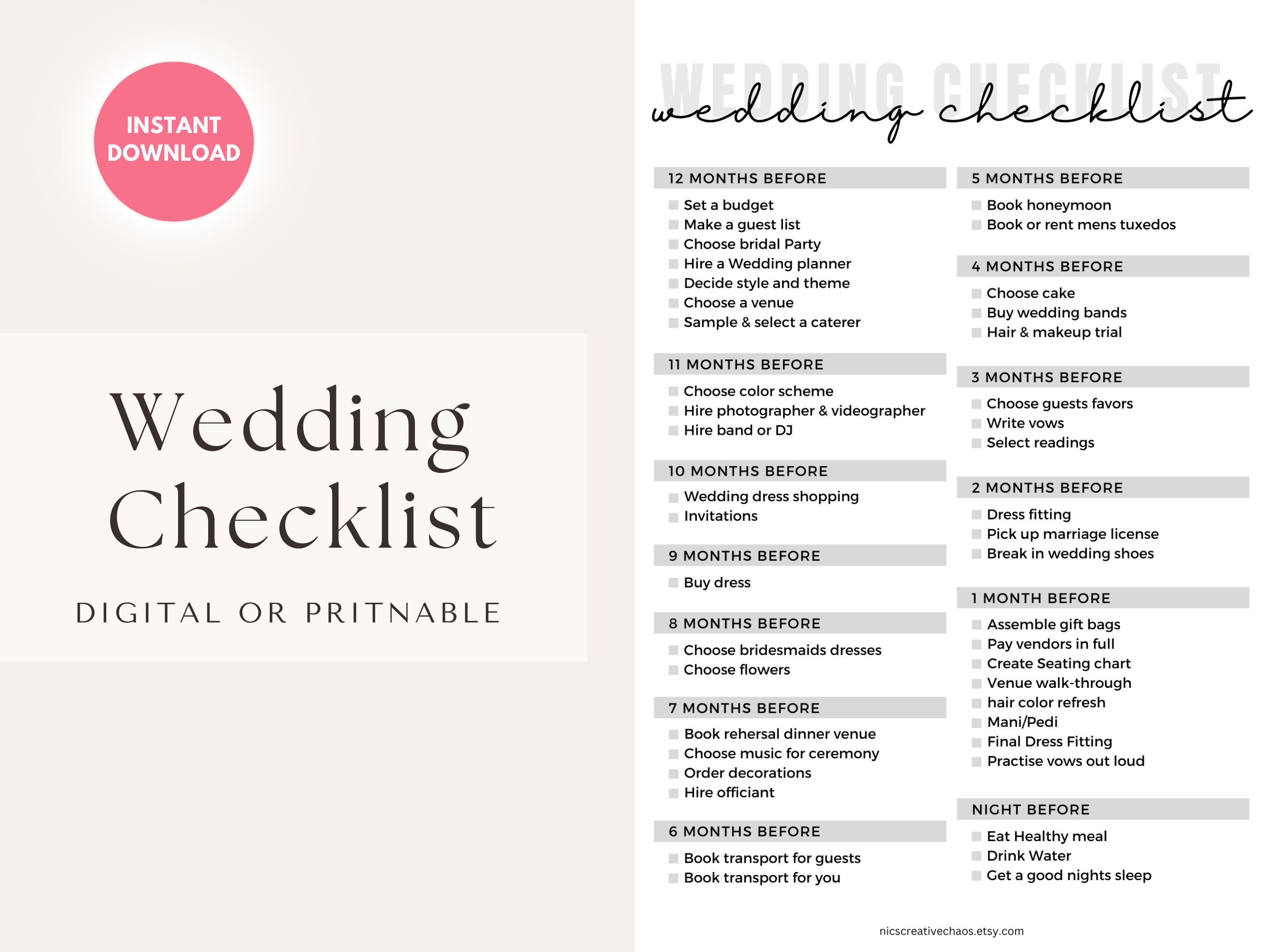 Wedding Checklist Printable, to Do Before Wedding Template Sheet for ...