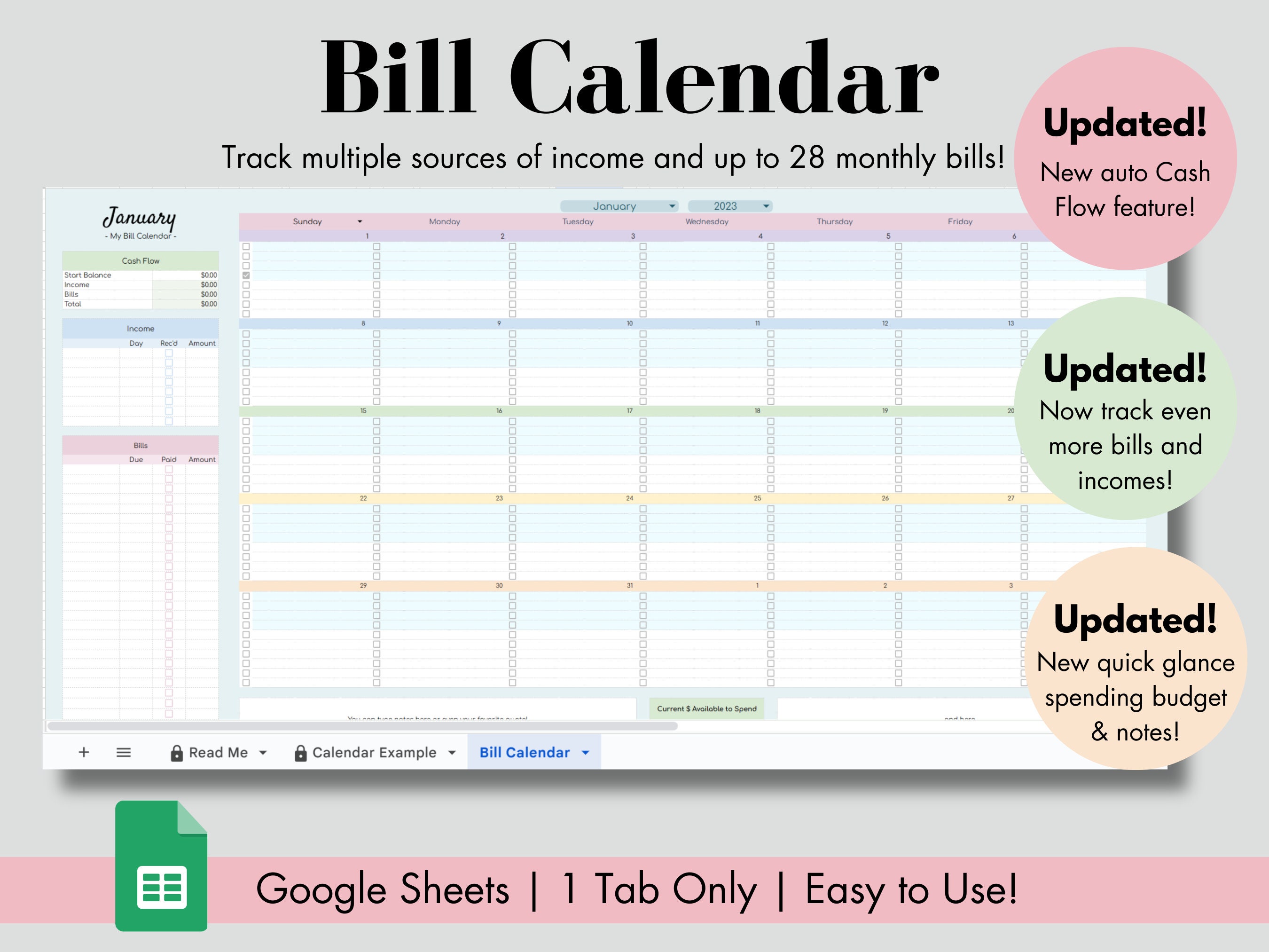 Monthly Bill Tracker Spreadsheet, Google Sheets Bill Calendar, Monthly ...