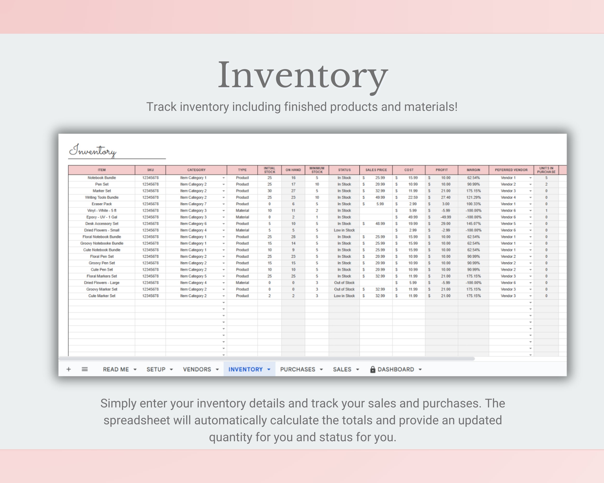 Inventory Tracker & Sales Tracker Spreadsheet, Google Sheets Inventory ...