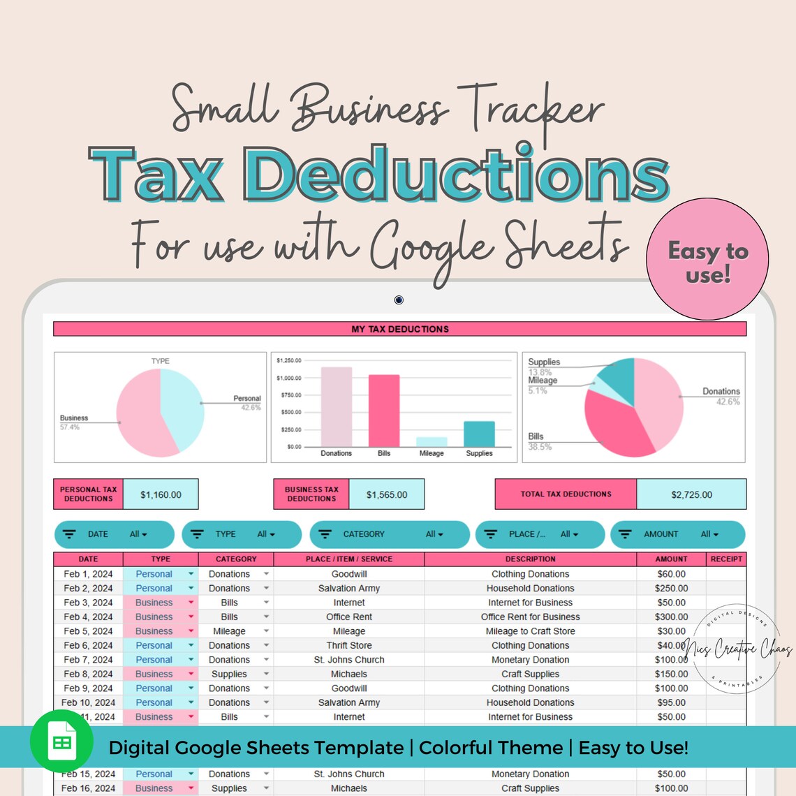 Google Sheets Tax Deduction Tracker Spreadsheet, Small Business Tax ...