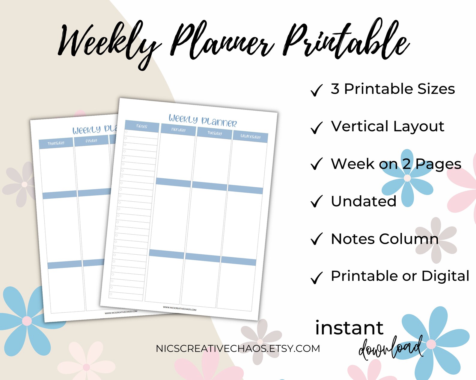 Undated Weekly Planner Printable, Vertical Weekly Planner, Printable ...