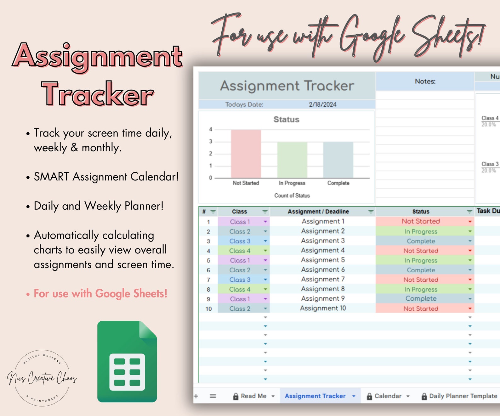Google Sheets Assignment Tracker Spreadsheet, Track College Assignments ...