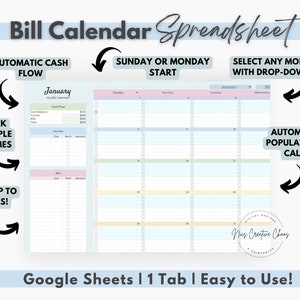 Monthly Bill Tracker Spreadsheet, Google Sheets Bill Calendar, Monthly Bill Planner, Income ...