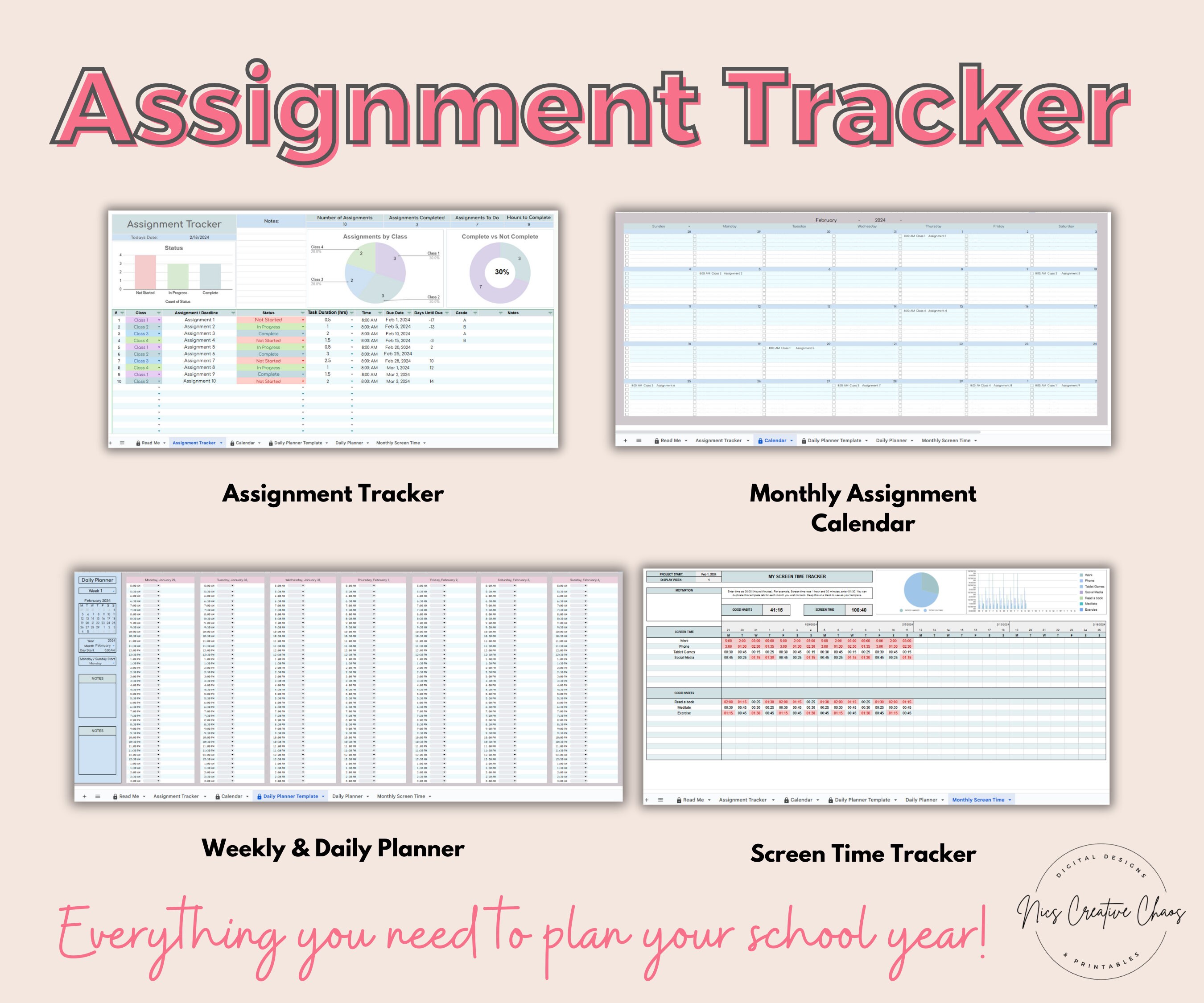 Google Sheets Assignment Tracker Spreadsheet, Track College Assignments ...