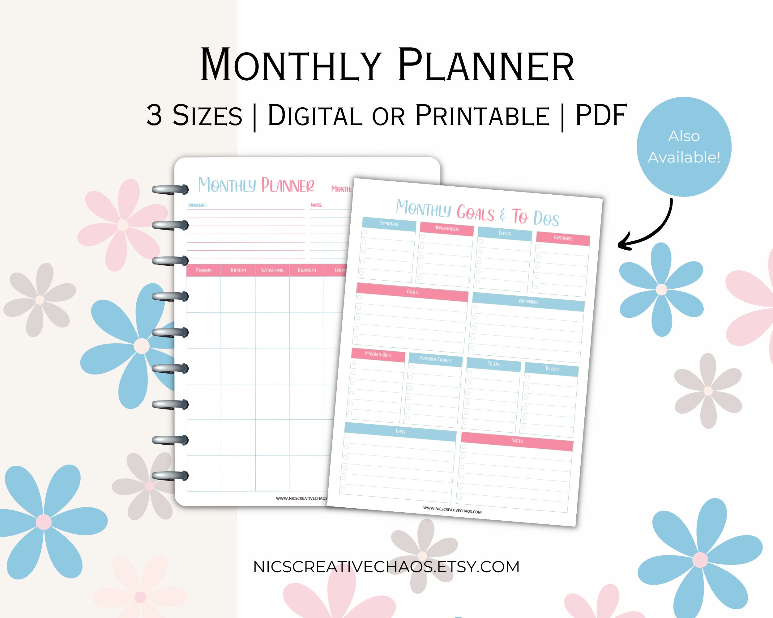 Monthly Planner Printable, Undated Calendar & Dashboard, Blue Monthly ...