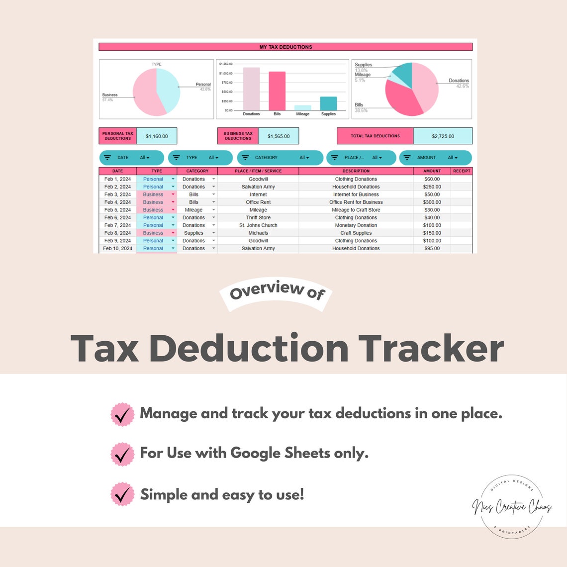 Google Sheets Tax Deduction Tracker Spreadsheet, Small Business Tax ...