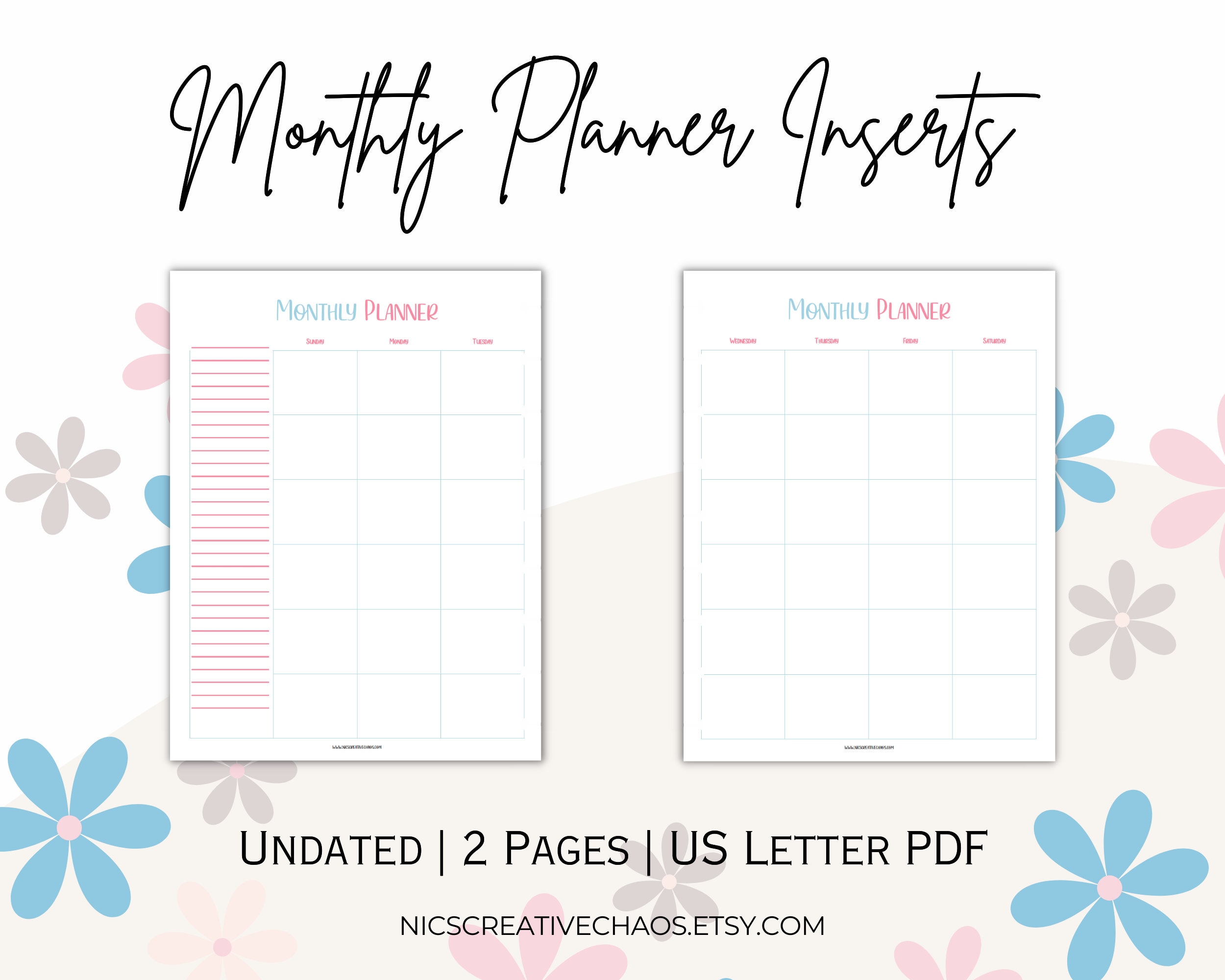 Undated Monthly Planner Printable, Monthly Calendar & Notes, Pink Blue ...