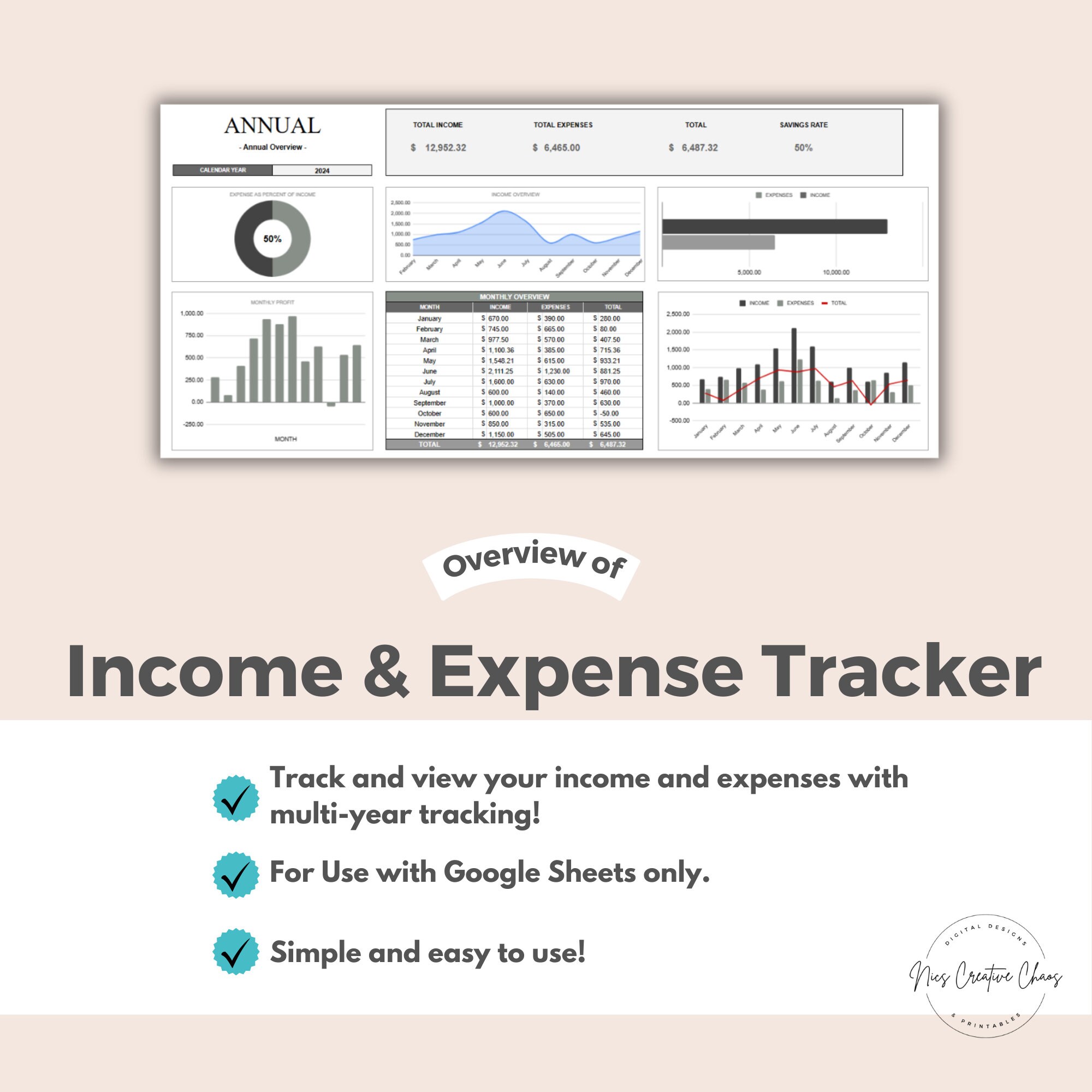 Income and Expense Tracker Spreadsheet, Google Sheets, Track Multiple ...