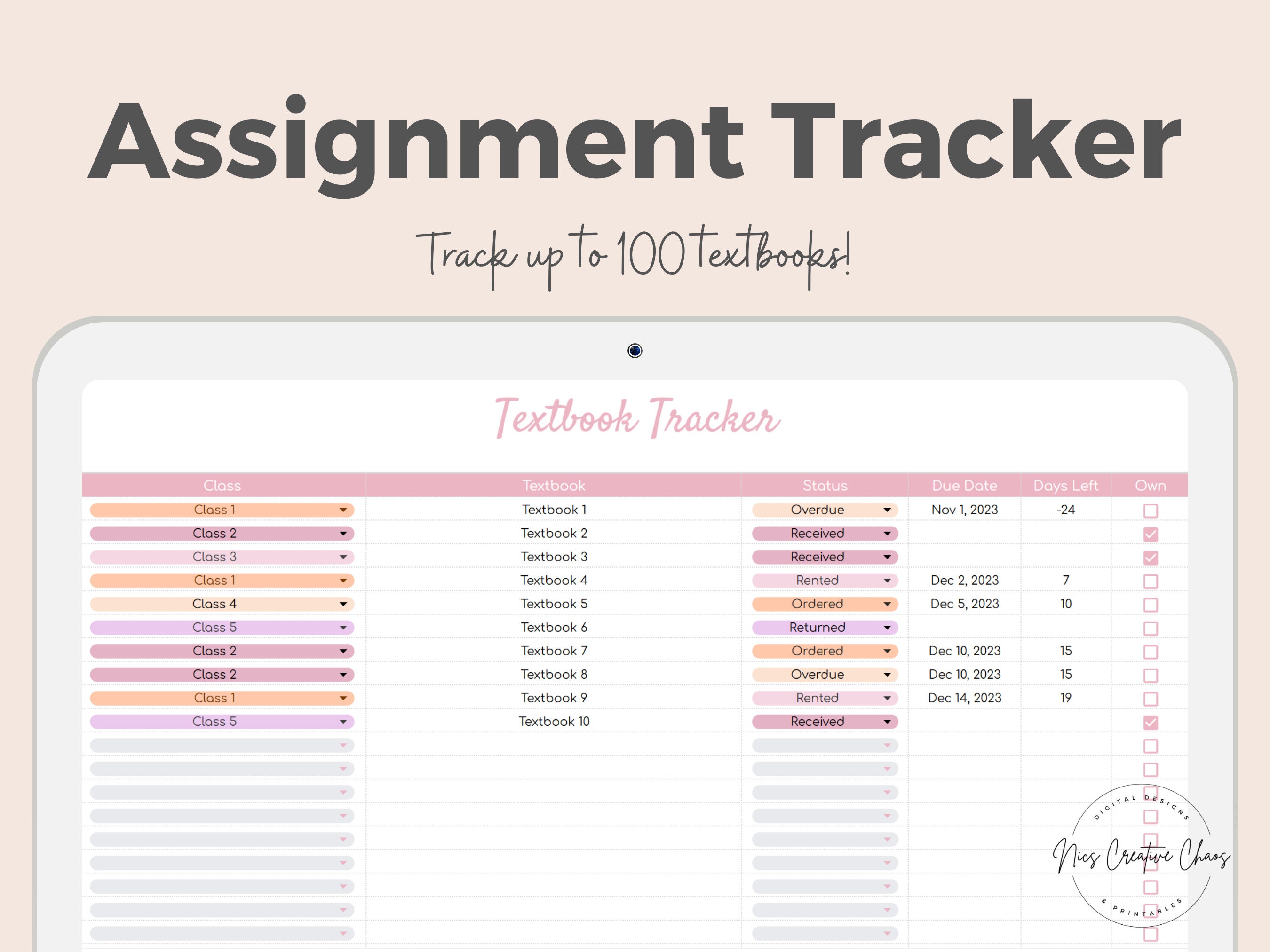 Google Sheets Assignment Tracker Spreadsheet Template, College ...