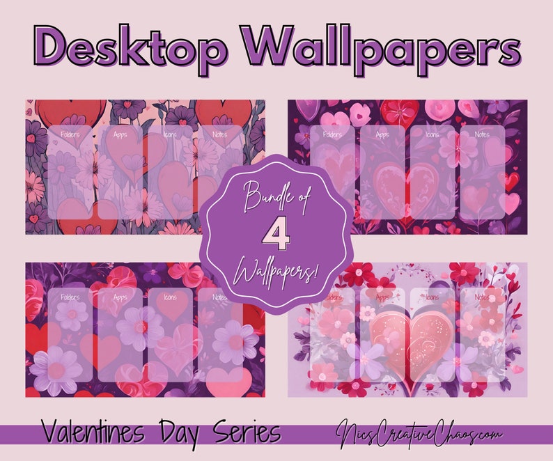 Desktop Wallpaper Bundle, Purple Desktop Wallpapers & Red Hearts, Cute Desktop Organizer for ...