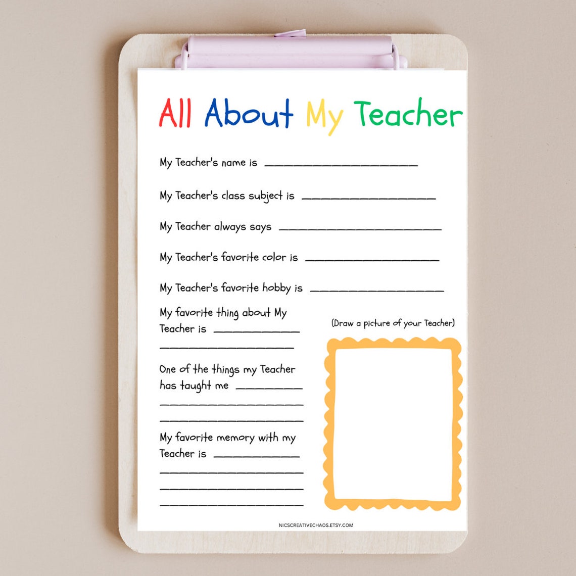 All About My Teacher Classroom Printable Template Homeschool Activity ...