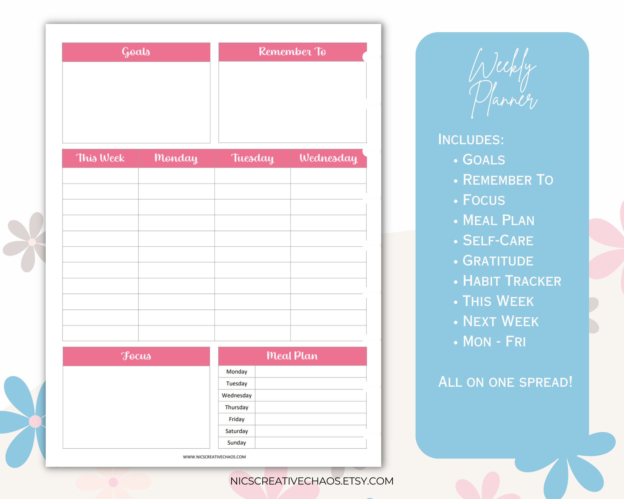 Undated Weekly Planner Printable, Vertical Lined, Week on Two Page ...