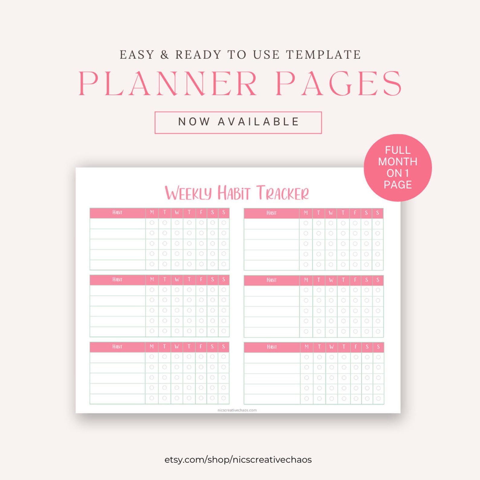 Weekly Habit Tracker Printable Planner, Full Month on One Page ...
