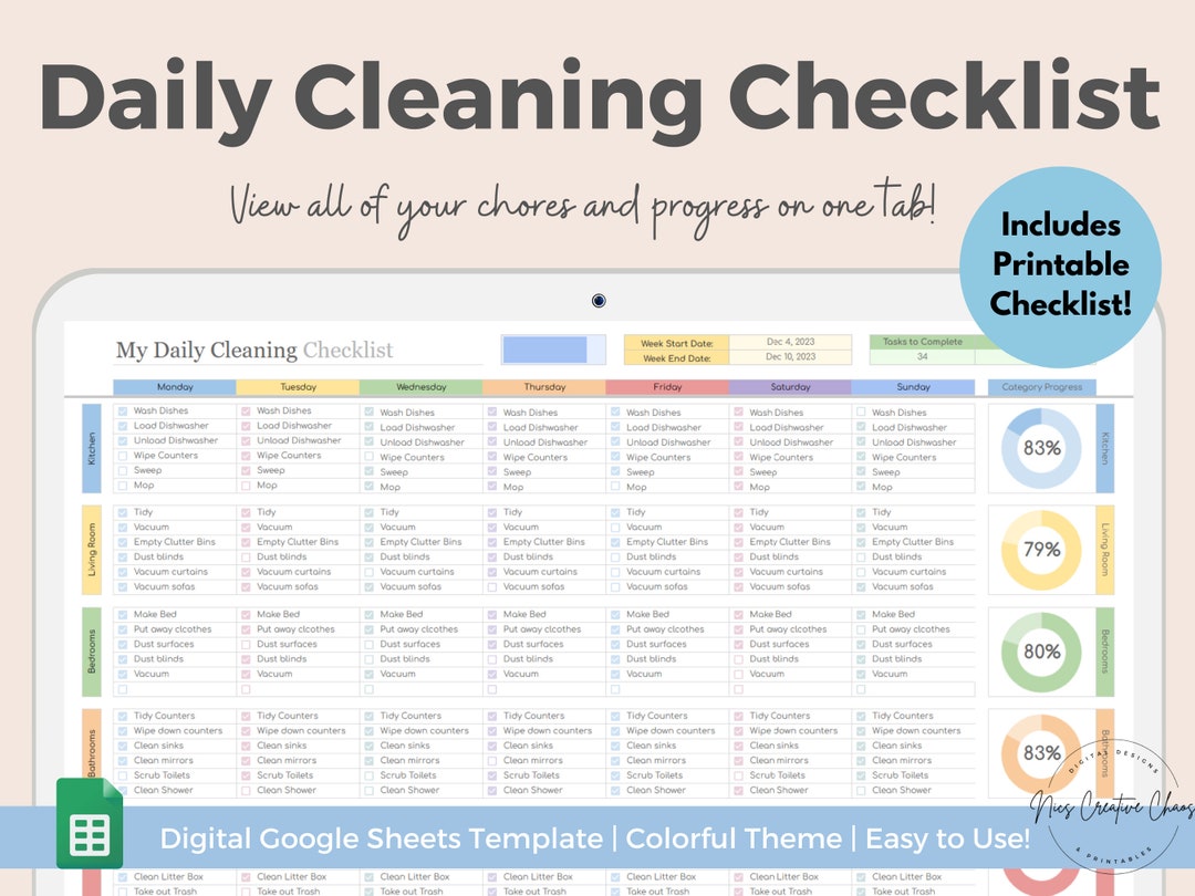 Daily Cleaning Checklist Spreadsheet, Google Sheets Cleaning Chart ...