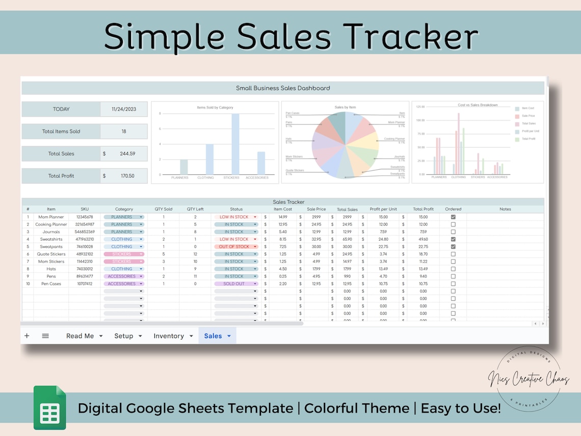Sales Tracker Spreadsheet, Google Sheets & Excel Templates, Small ...