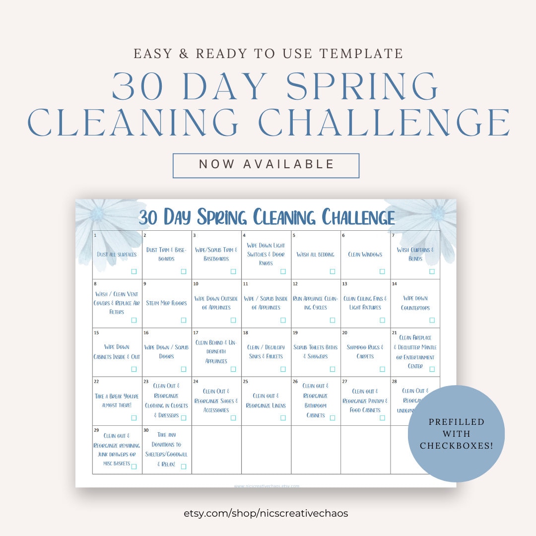 Spring Cleaning Checklist 30 Day Challenge Includes Basic & Deep ...