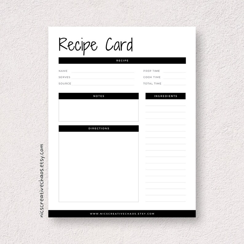 Printable Recipe Card Template, Blank Cooking Journal, Meal Planner ...