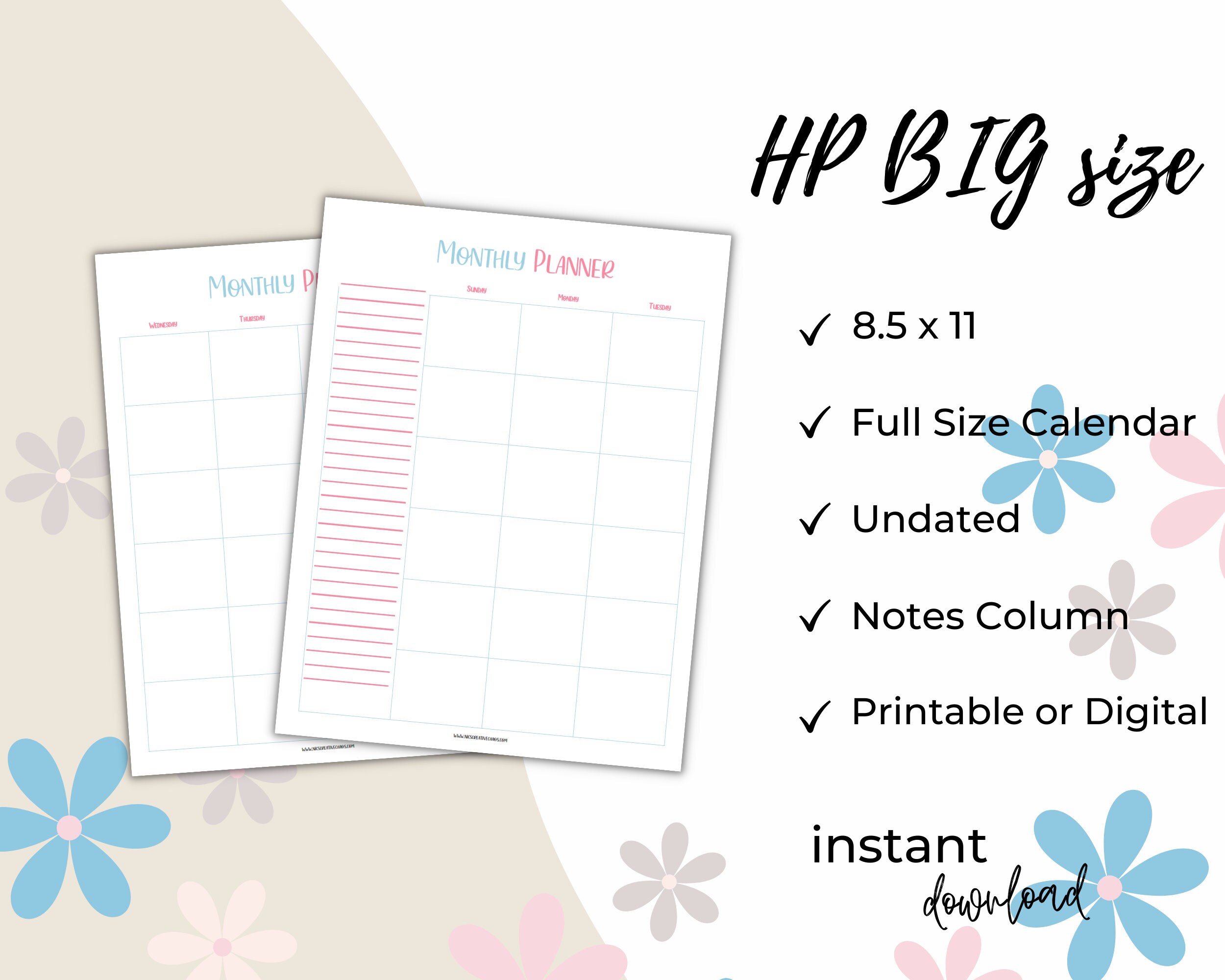 Undated Monthly Planner Printable, Monthly Calendar & Notes, Pink Blue ...