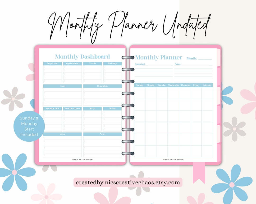 Monthly Planner Printable, Undated Calendar & Dashboard, Blue Monthly ...