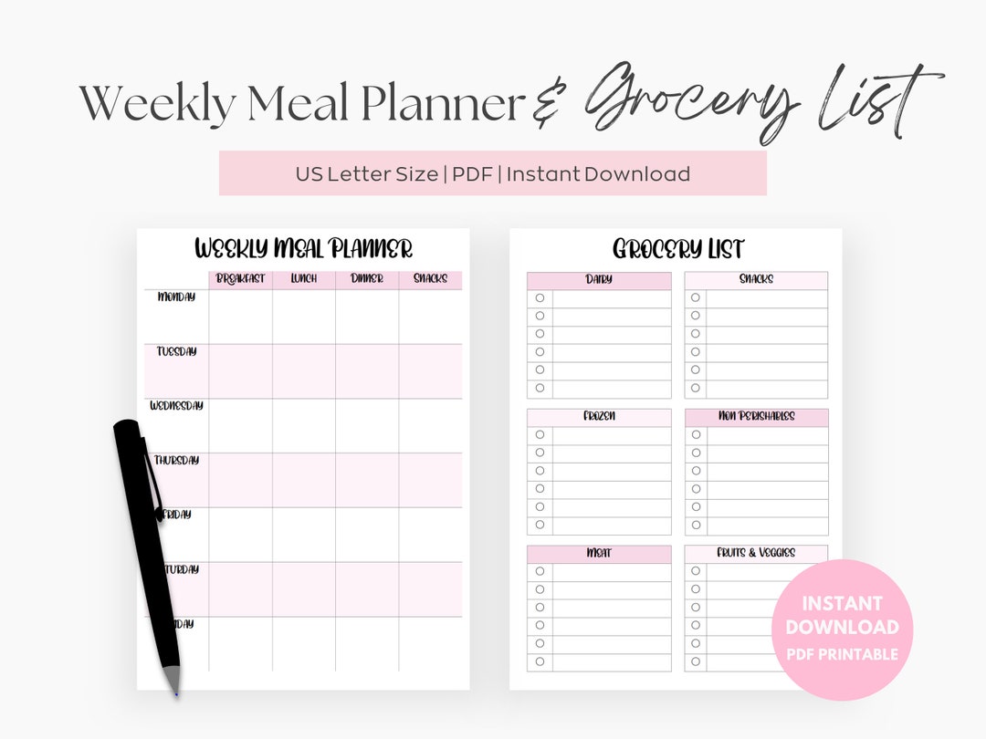 Weekly Meal Planner Printable Grocery List, Digital Meal Planner ...