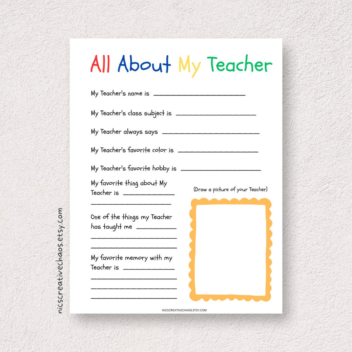 All About My Teacher Classroom Printable Template Homeschool Activity ...