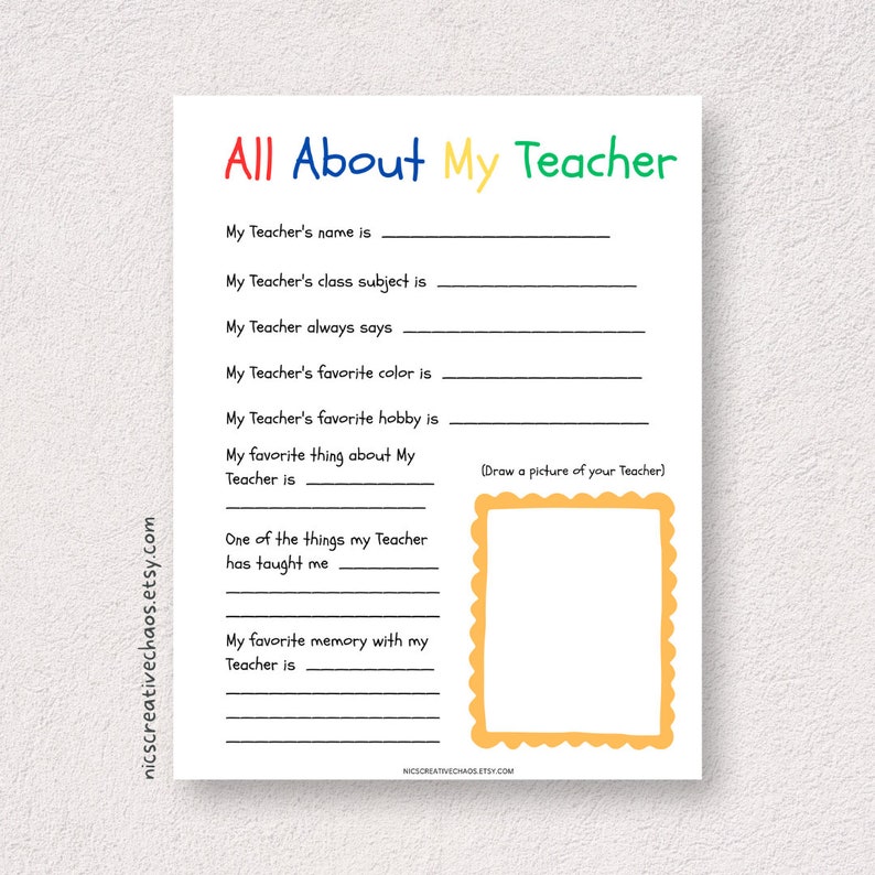All About My Teacher Classroom Printable Template Homeschool Activity ...