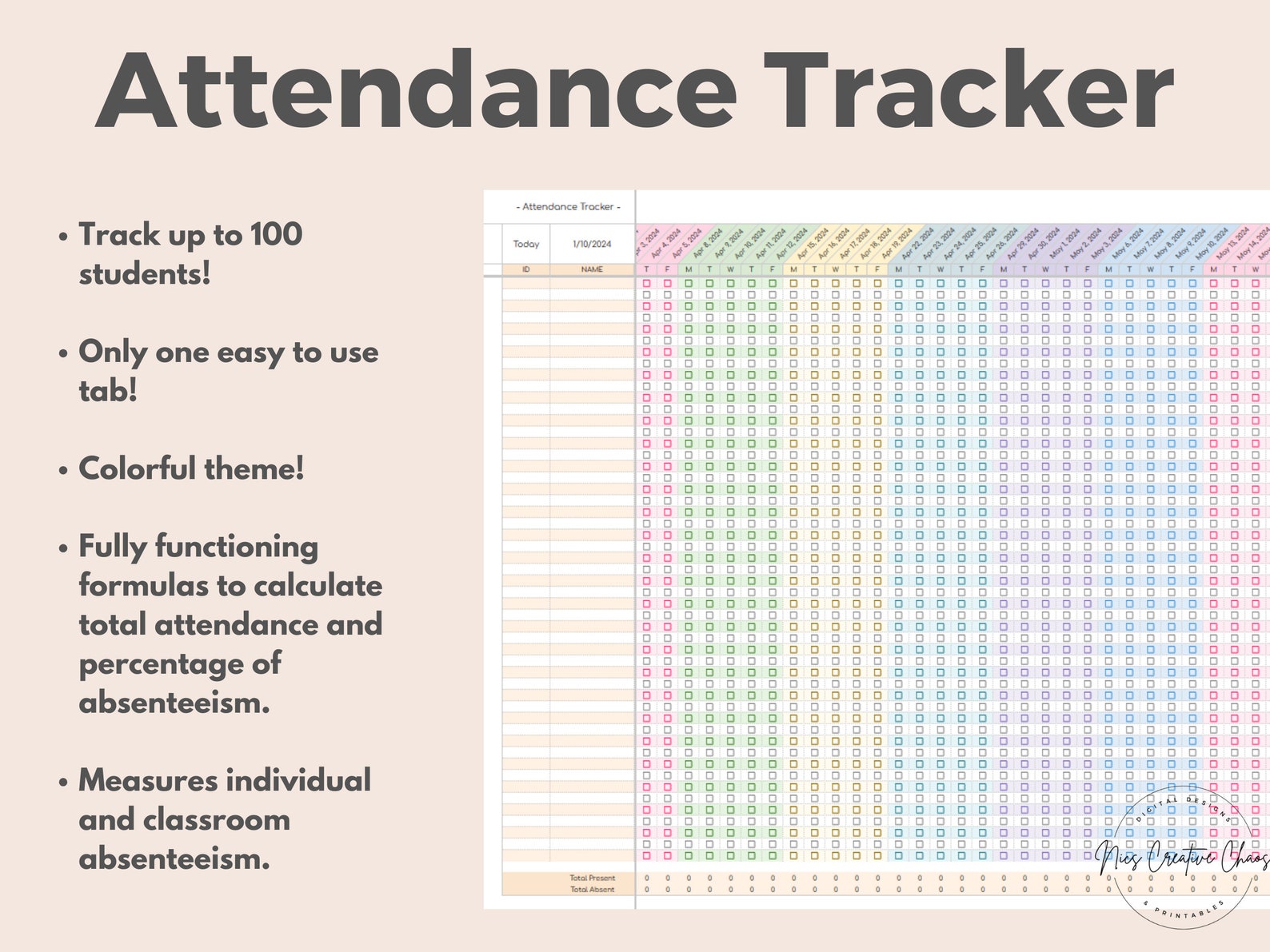 Attendance Tracker Google Sheets Template, Digital Attendance Record ...