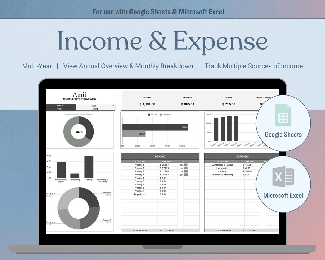 Income and Expenses Tracker Spreadsheet, Google Sheets Income Tracker ...