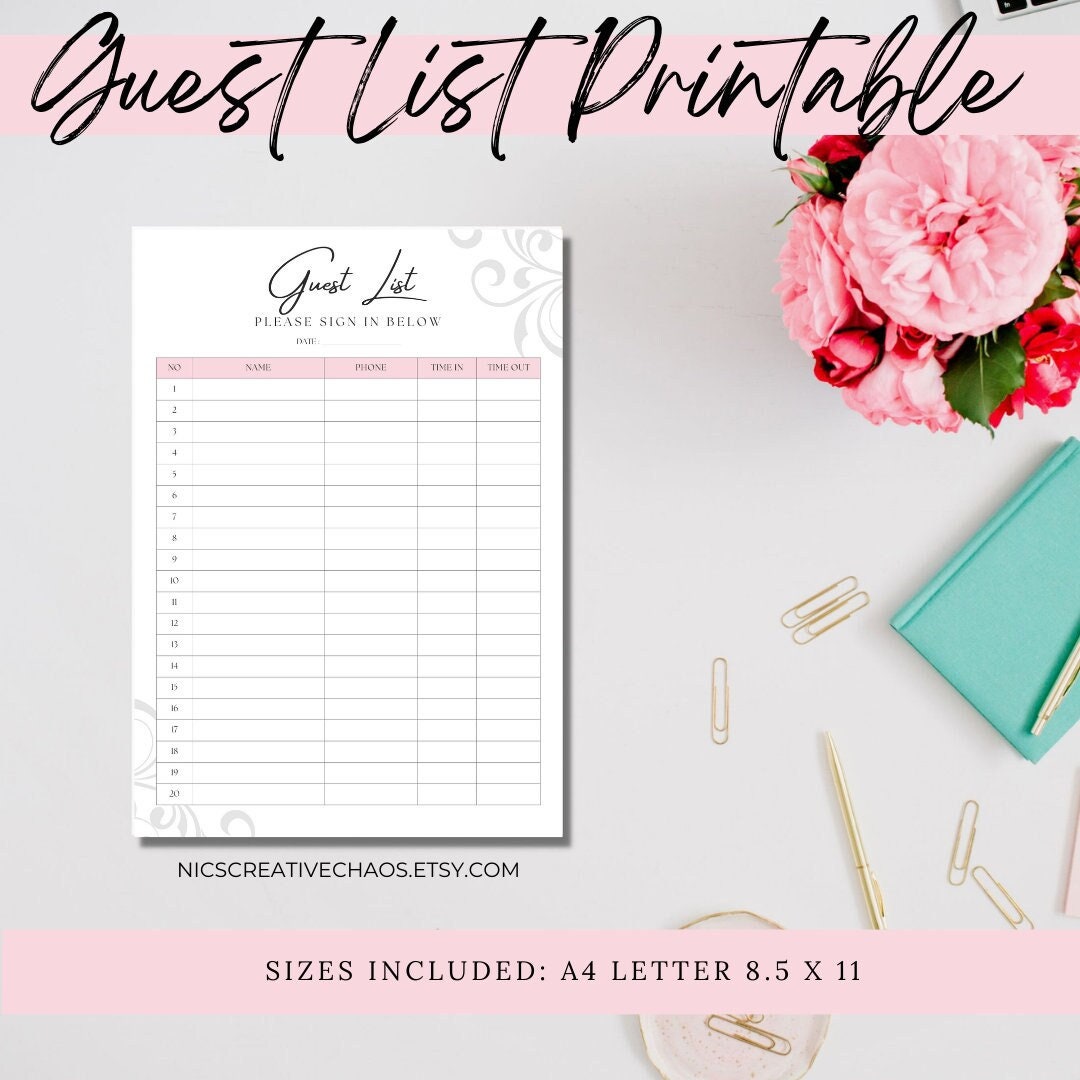 Printable Wedding Guest List Template, Event Sign in Sheet, Simple ...