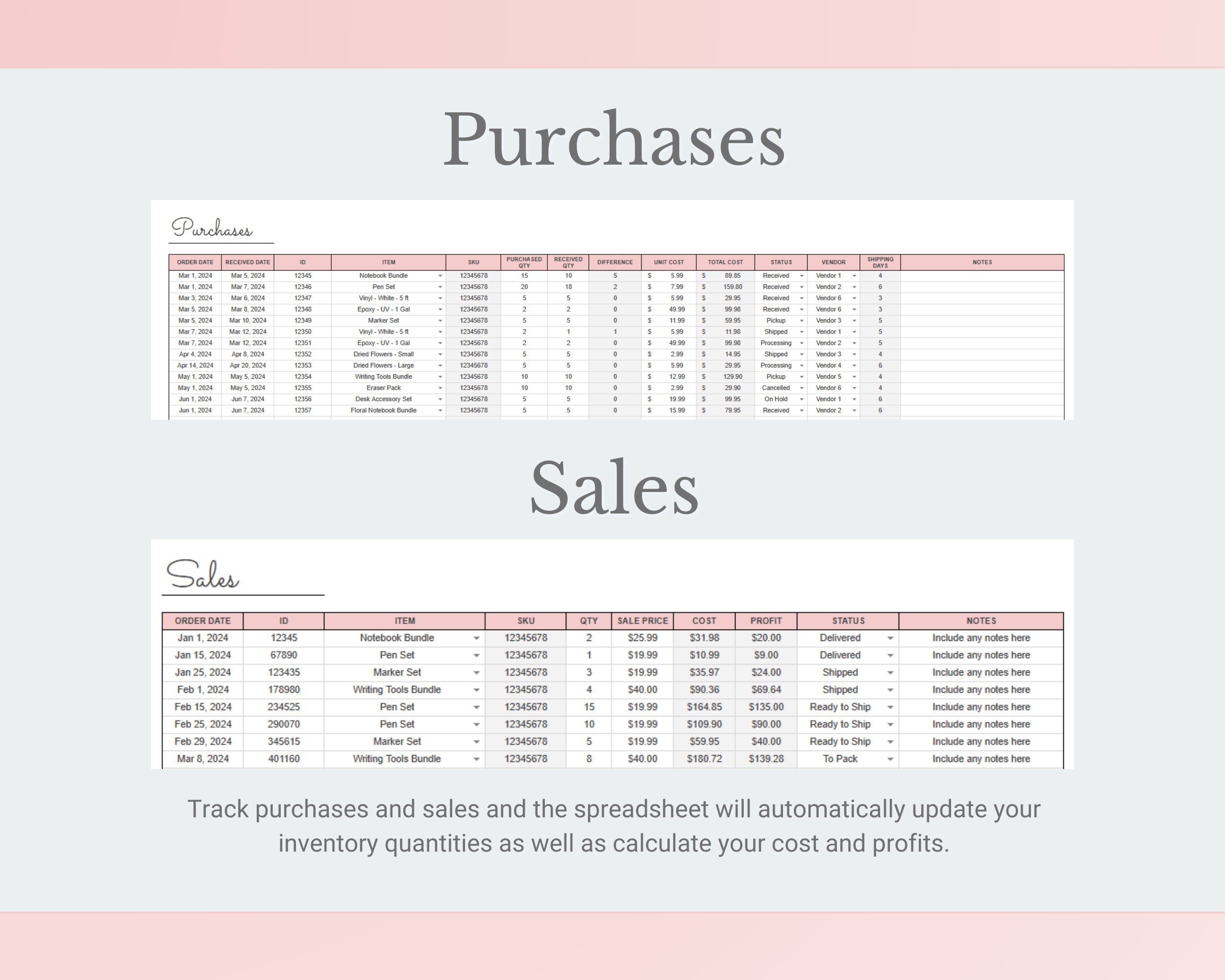Inventory Tracker & Sales Tracker Spreadsheet, Google Sheets Inventory ...