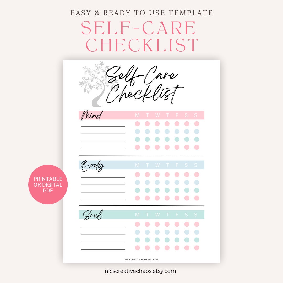 Weekly Self Care Checklist, Mind Body Soul Self-care Planner Printable ...