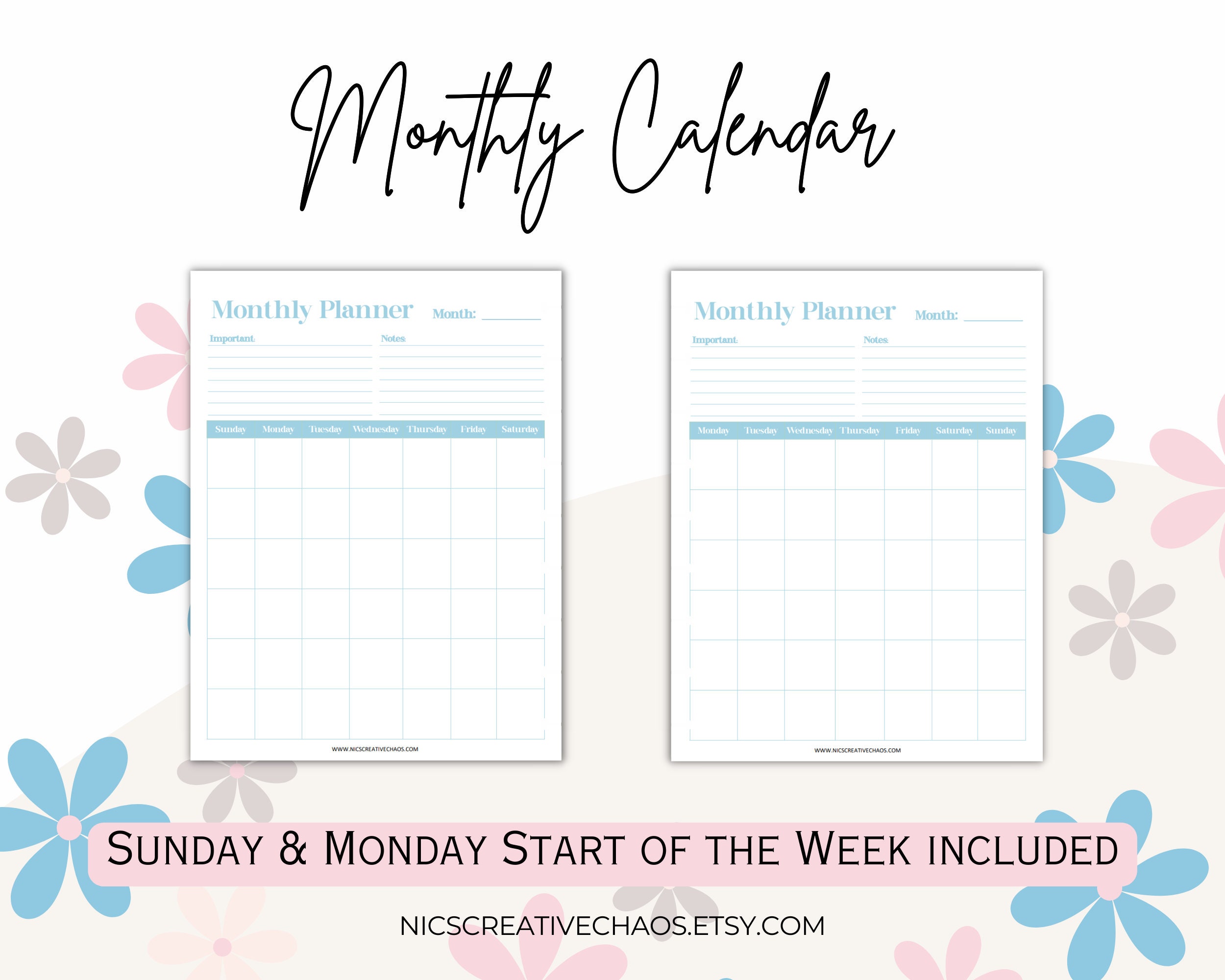 Monthly Planner Printable, Undated Calendar & Dashboard, Blue Monthly ...