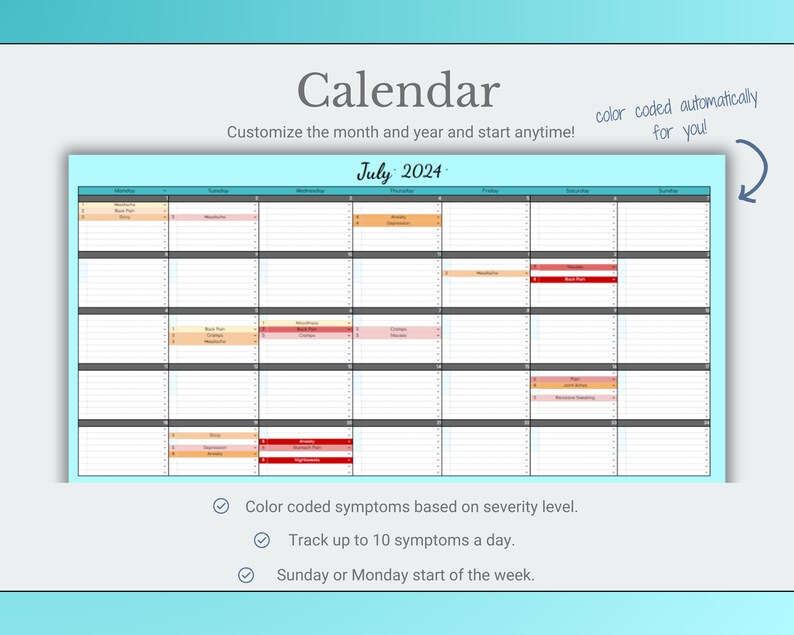 Monthly Symptom Tracker Calendar Google Sheets Spreadsheet, Multi ...