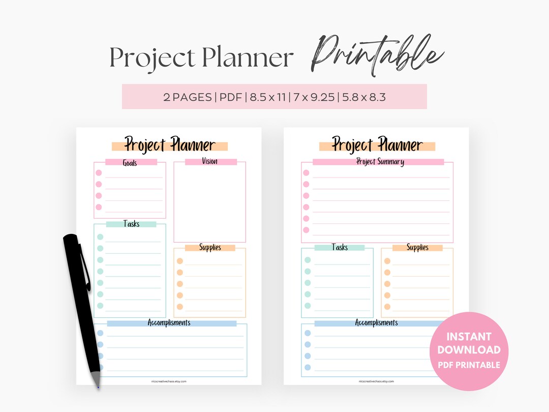 Project Planner Printable Template, Goals Planner, Printable Project ...