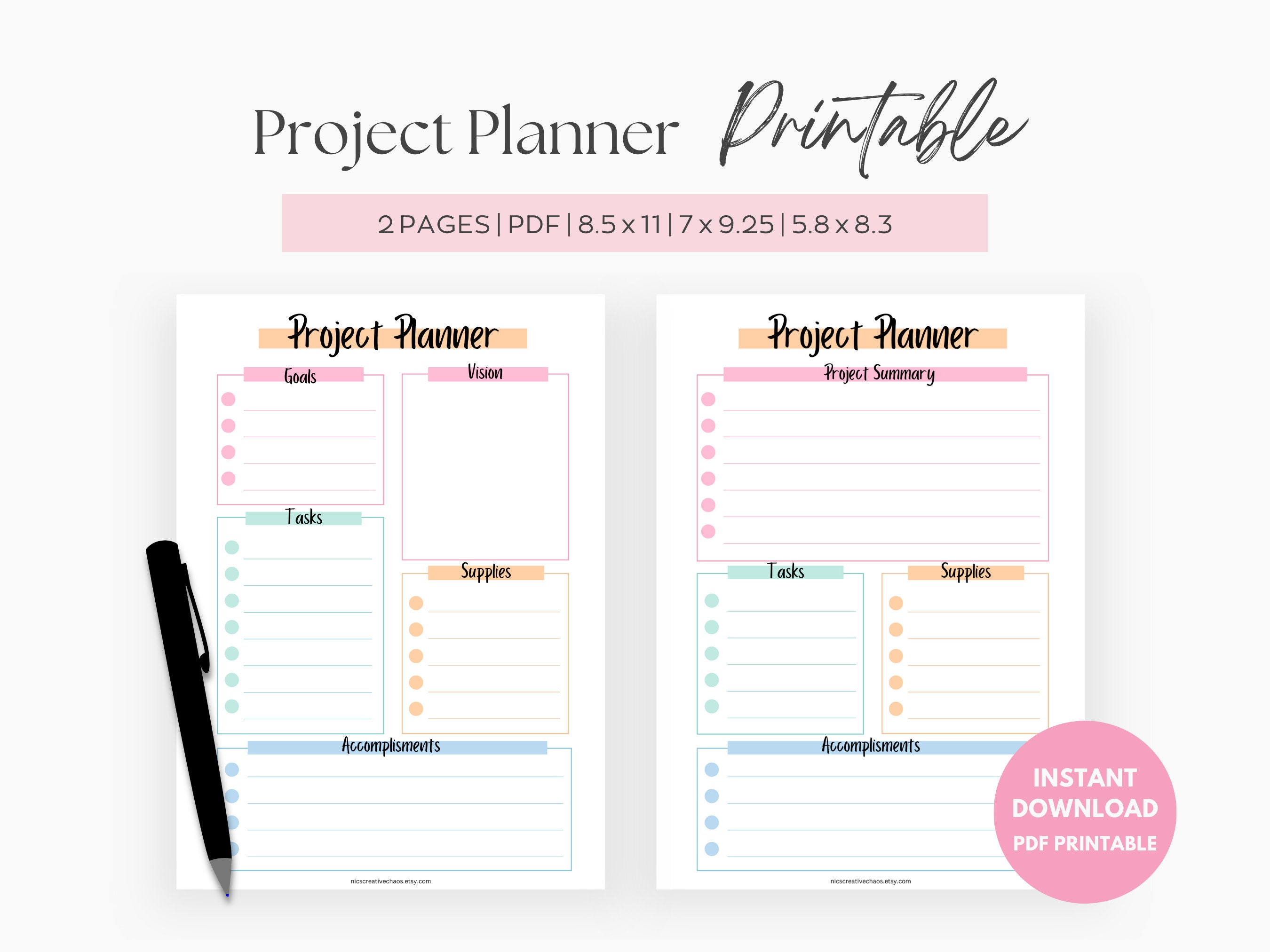 Project Planner Printable Template, Goals Planner, Printable Project ...