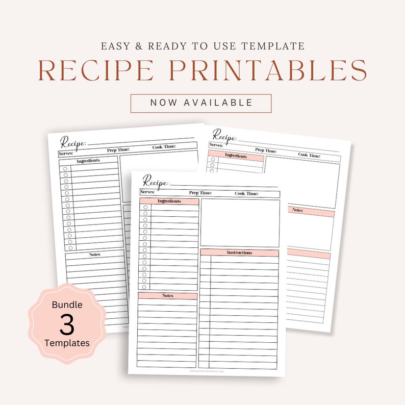 Printable Recipe Template, Blank Cooking Journal, Meal Planner, Home ...