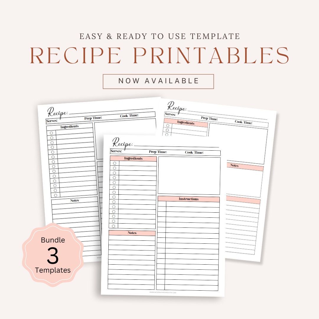 Printable Recipe Template, Blank Cooking Journal, Meal Planner, Home ...