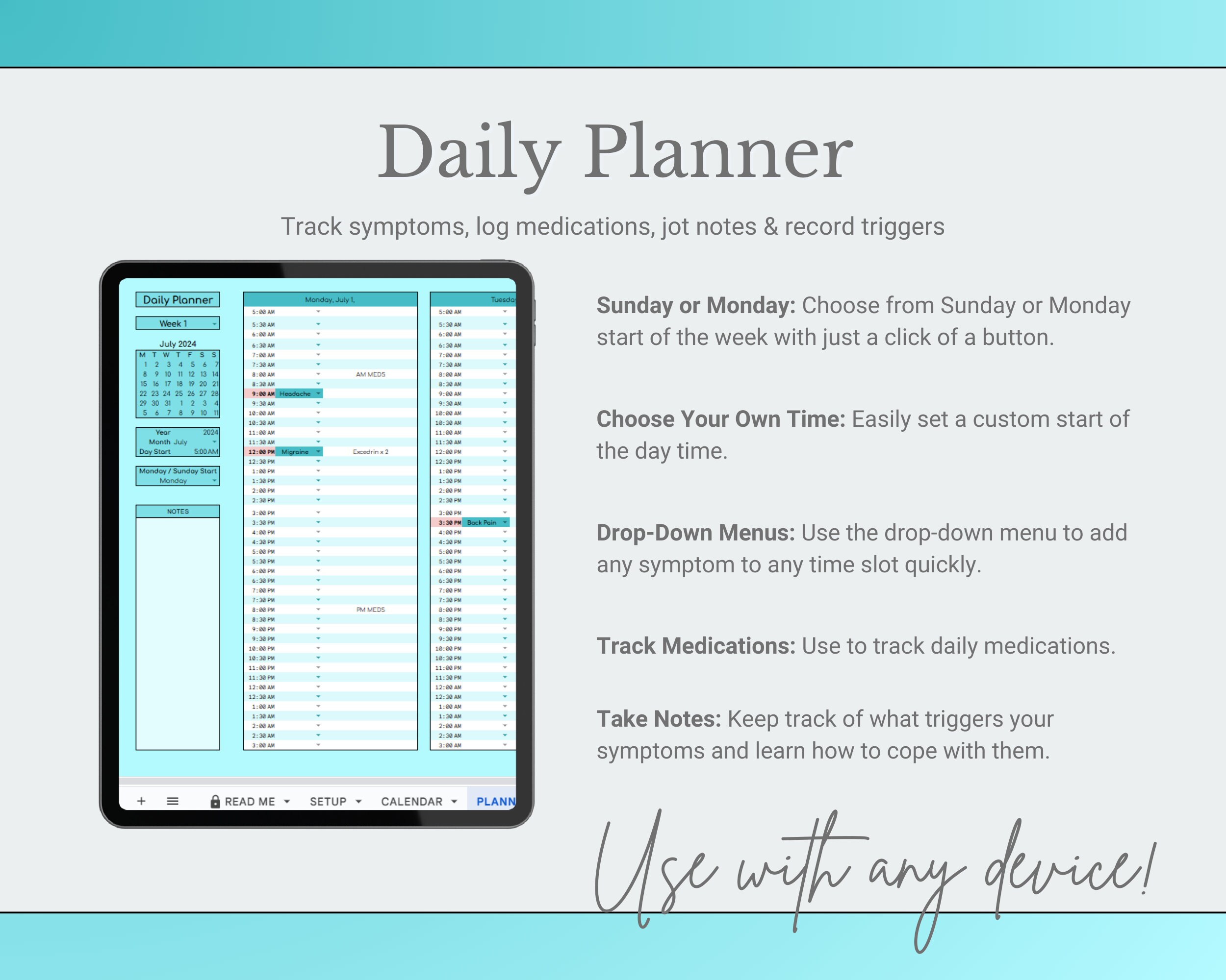 Monthly Symptom Tracker Calendar Google Sheets Spreadsheet, Multi ...