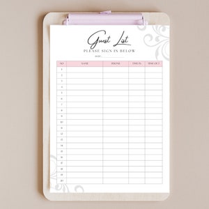 Printable Wedding Guest List Template, Event Sign in Sheet, Simple ...