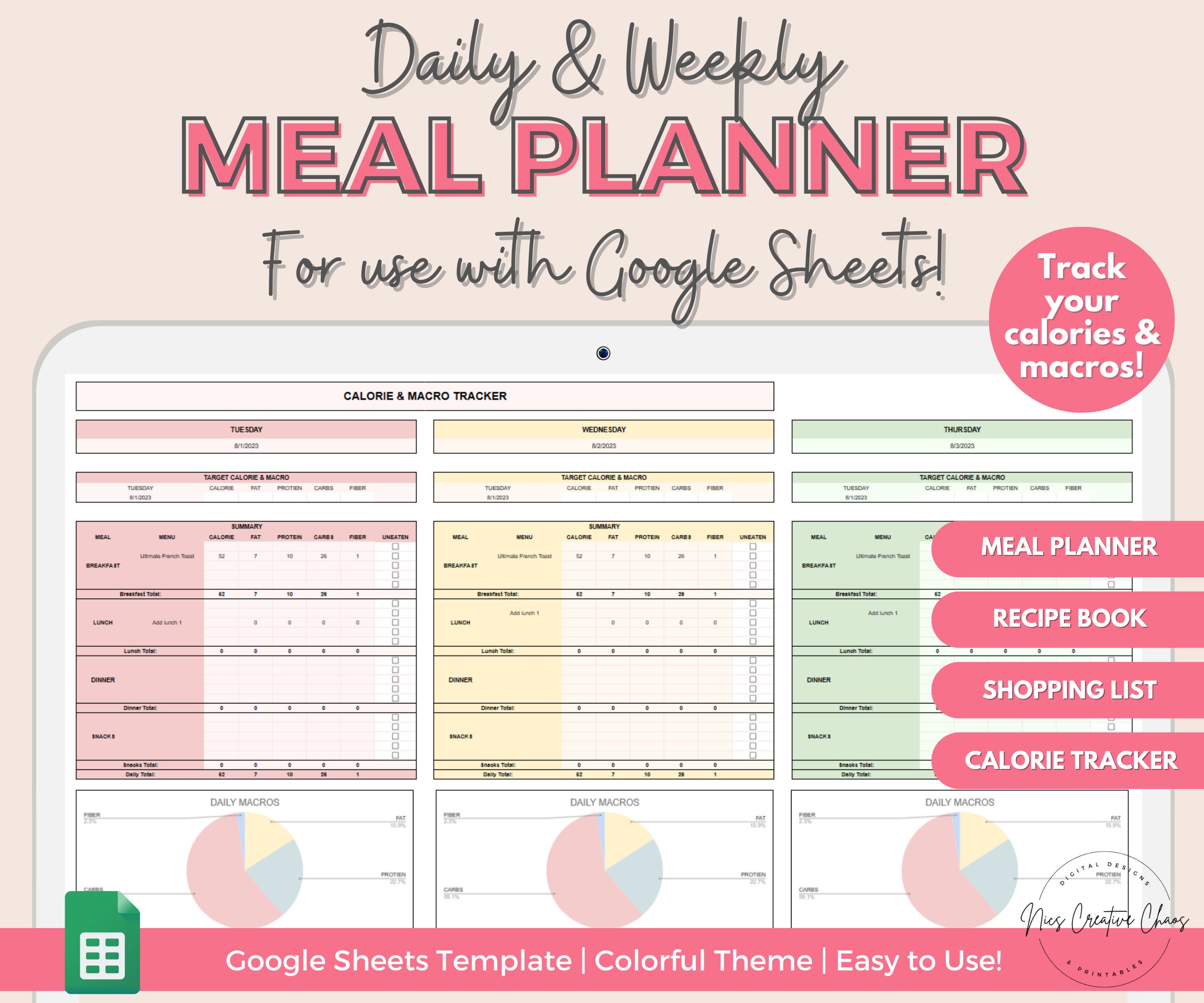 Meal Planner Spreadsheet | Recipe Book & Grocery List | Google Sheets ...