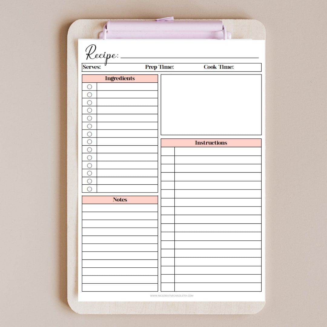 Printable Recipe Template, Blank Cooking Journal, Meal Planner, Home ...