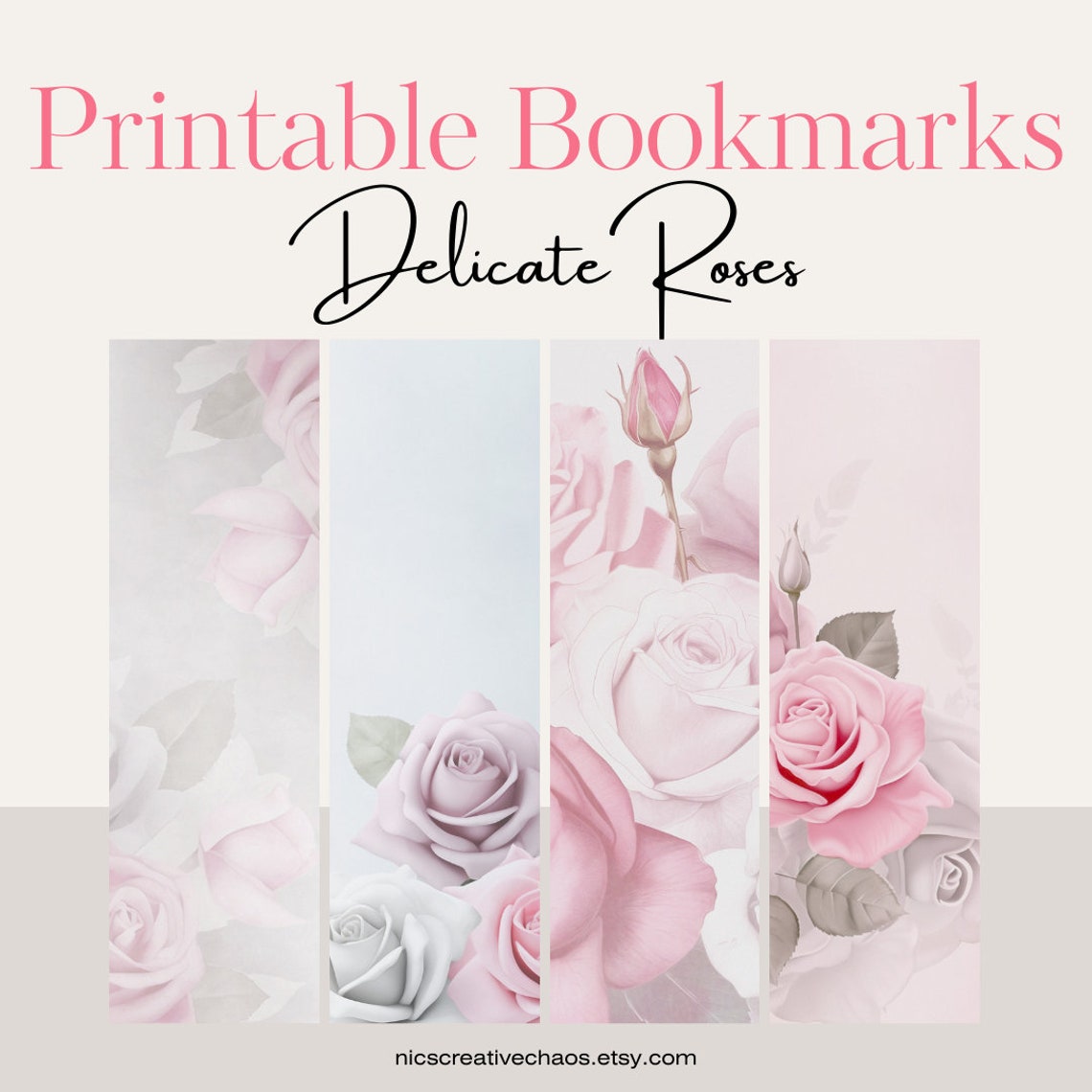 Bundle of 8 Printable Bookmarks Delicate Roses Series Pink, Gray White ...