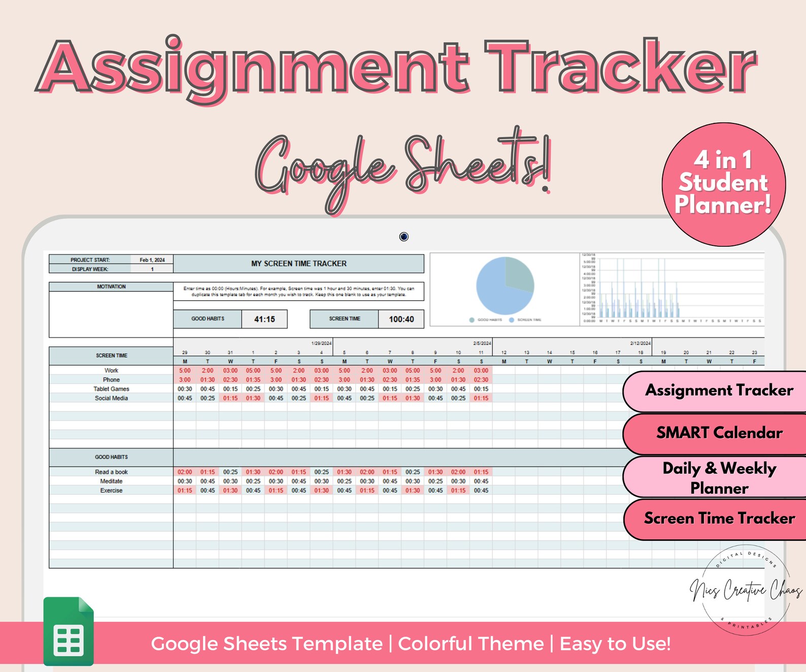 Google Sheets Assignment Tracker Spreadsheet, Track College Assignments ...