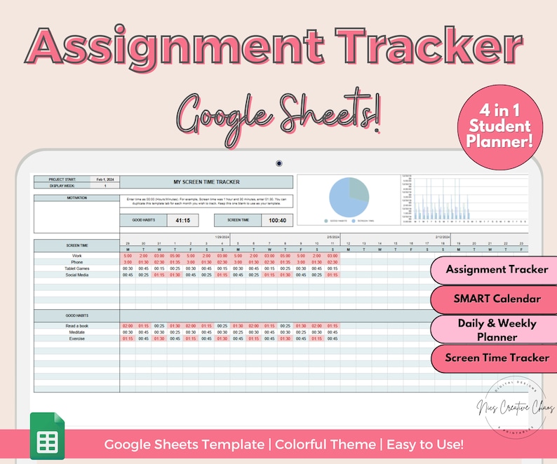 Google Sheets Assignment Tracker Spreadsheet, Track College Assignments ...