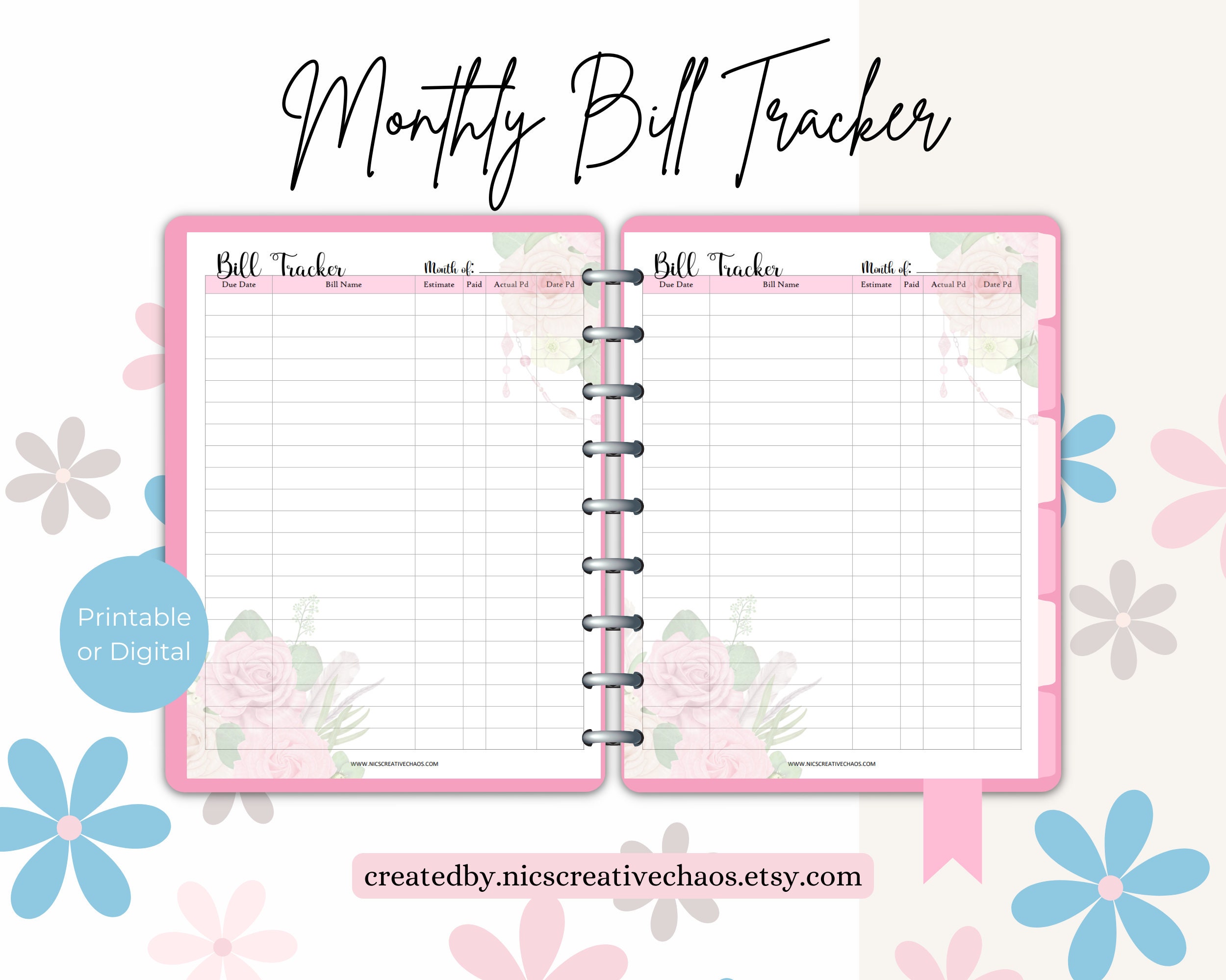 Printable Bill Tracker, Monthly Budget Template, Monthly Bills Tracker ...