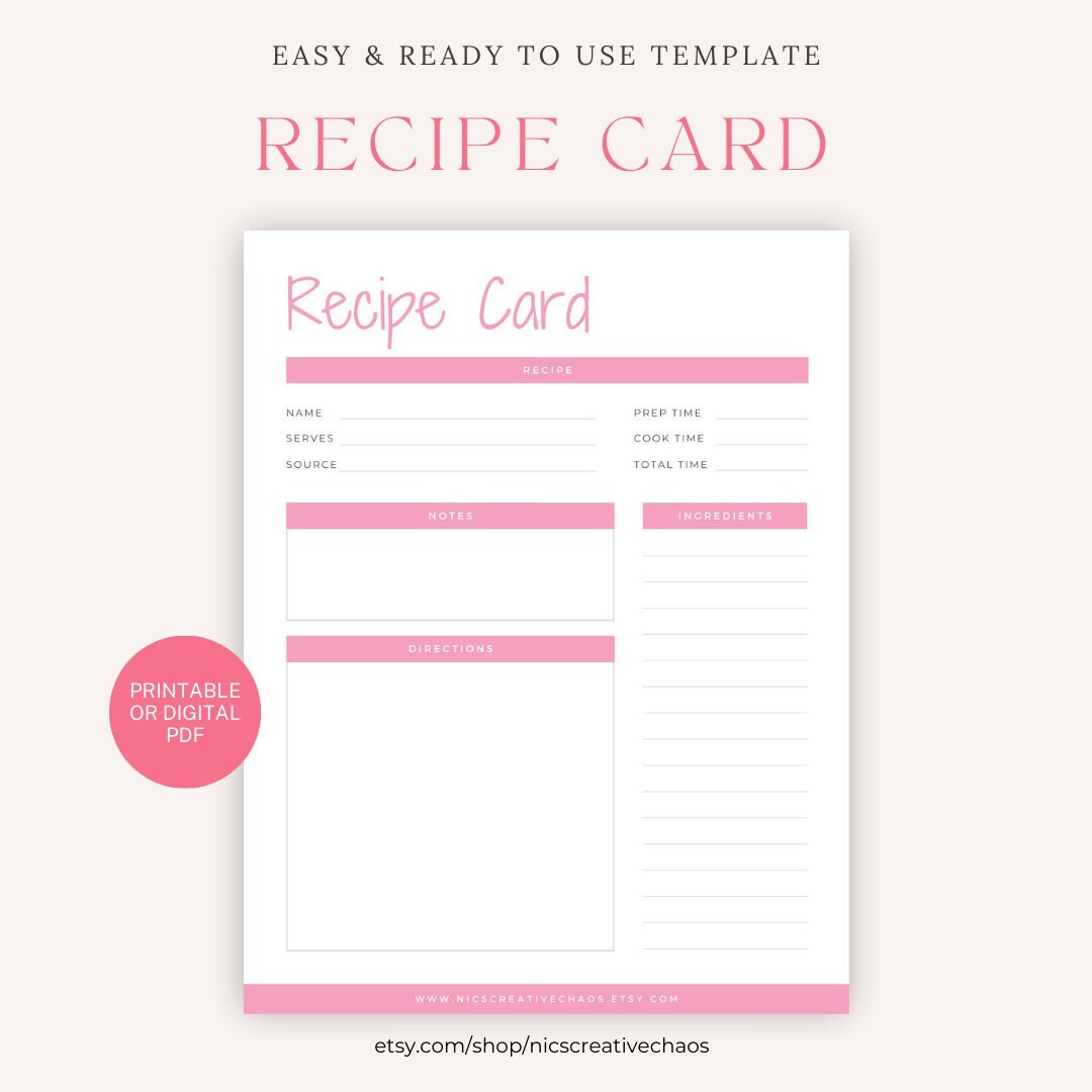 Printable Recipe Card Template, Blank Cooking Journal, Meal Planner ...