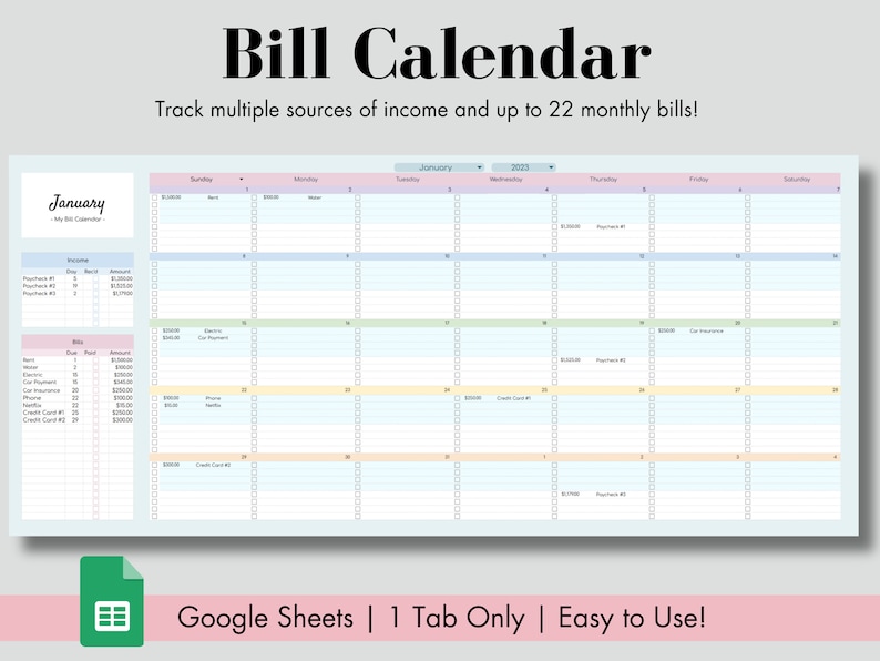Google Sheets Budget Template, Monthly Bill Tracker Calendar, Monthly ...