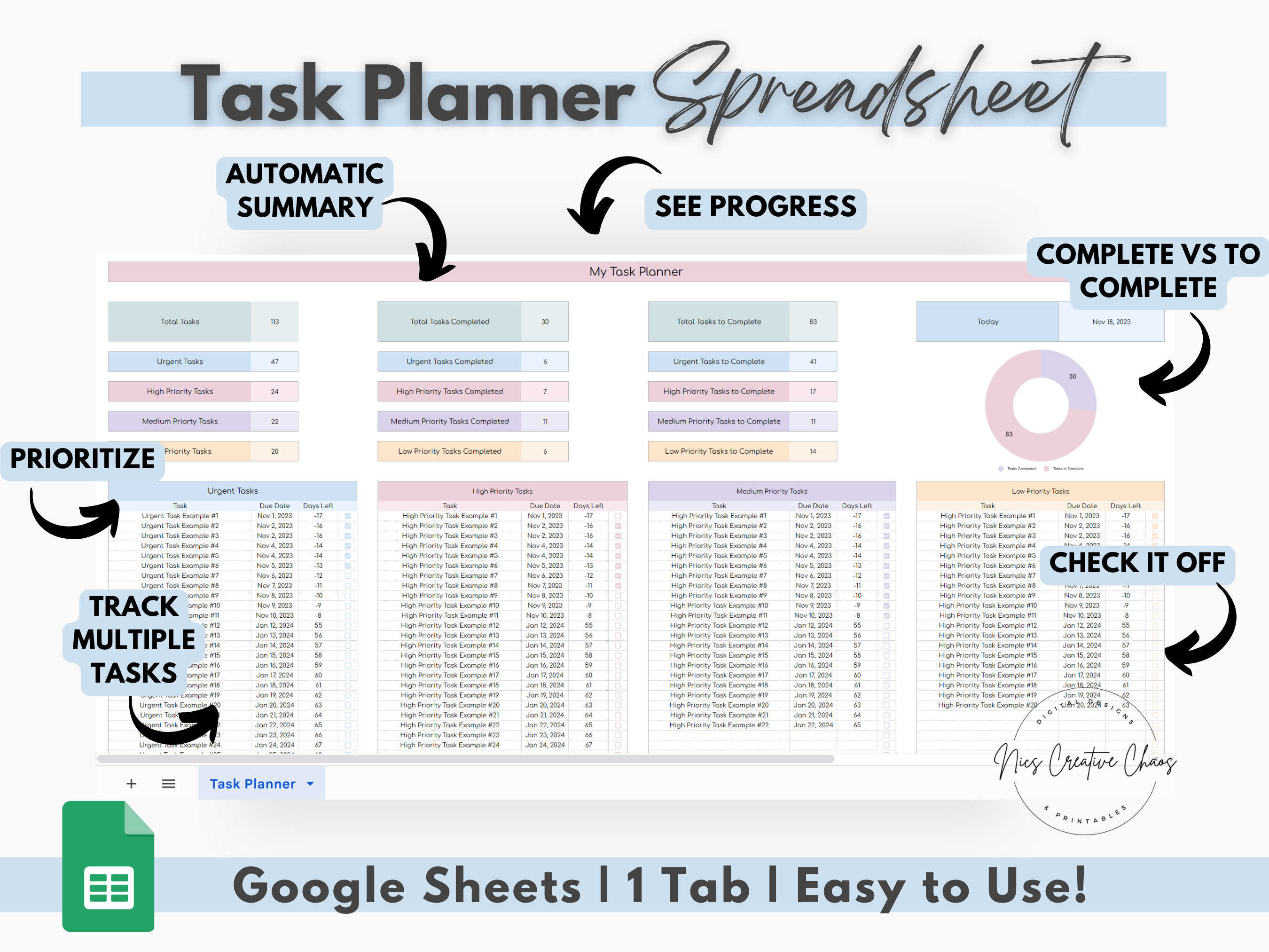 Task Tracker Spreadsheet Google Sheets, Digital Task Planner, to Do ...